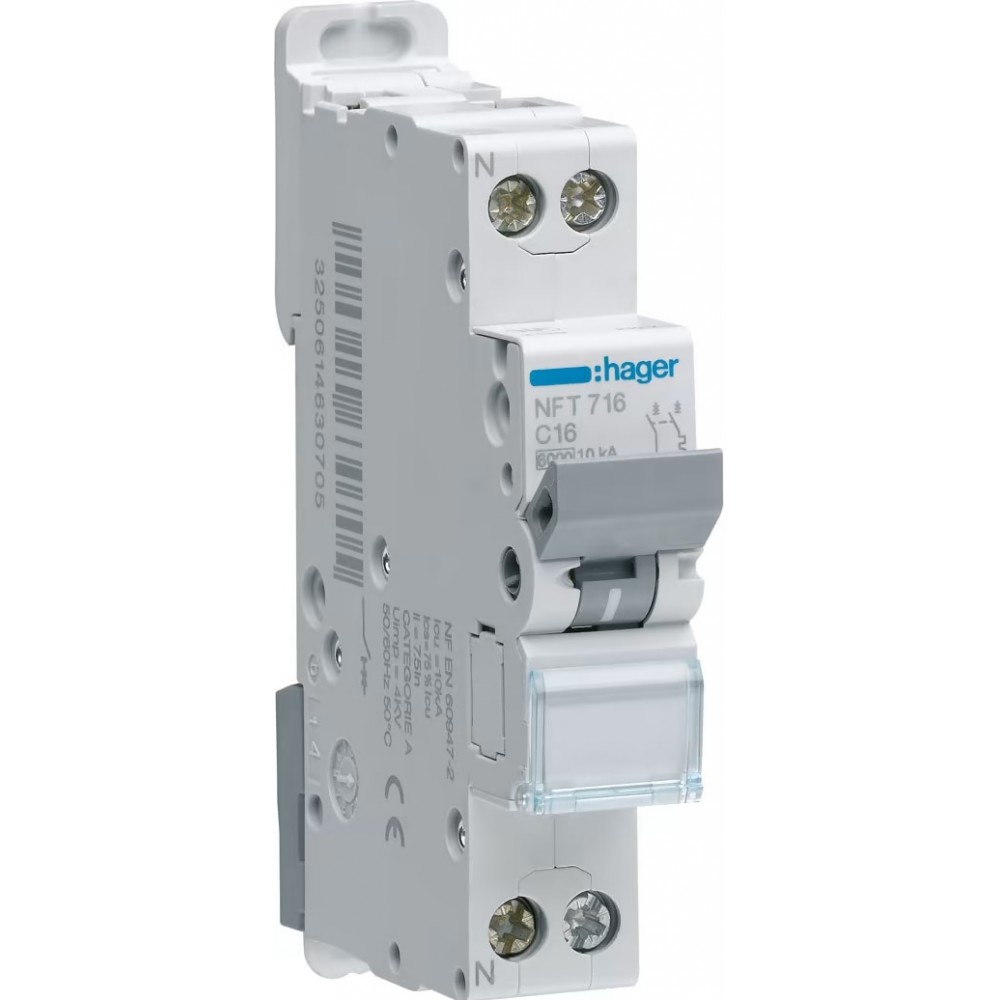 DISJONCTEUR HAGER MJT706 1P+N 6KA COURBE C 6A