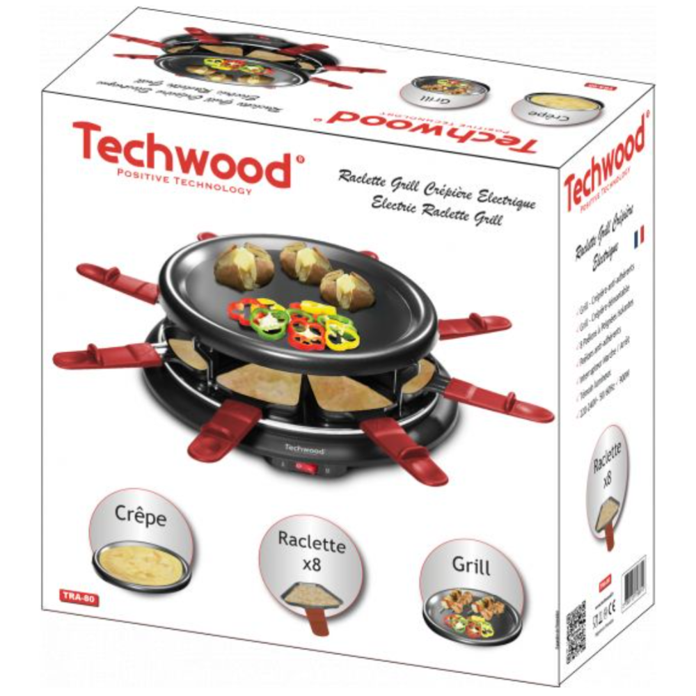 APPAREIL A RACLETTE-GRILL ET CREPIERE TECHWOOD TRA-80 900W 8PERS NOIR