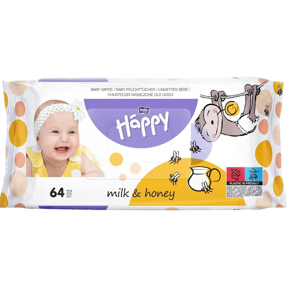 LINGETTES HAPPY BELLA BABY MILK ET HONEY 64 UNITÉS